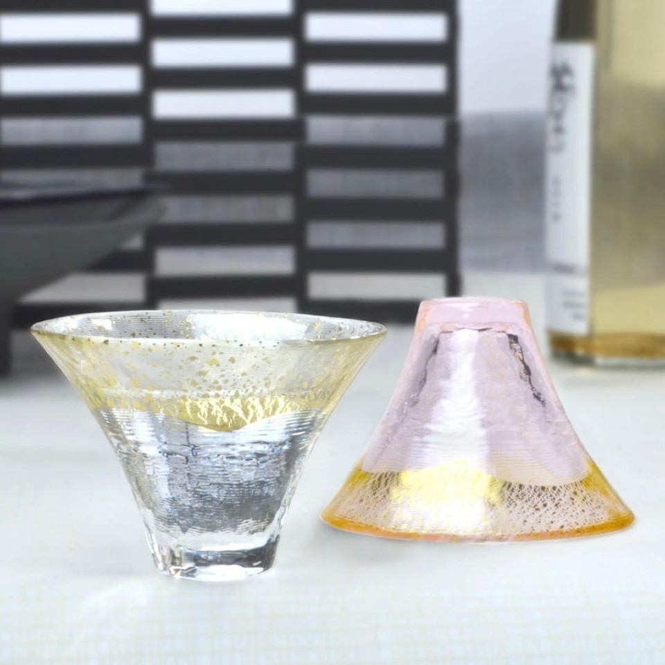 Good Luck Cup Set 2, Fuji Gold Leaf Decorated Glass Chokoz, 7.6cm x 5 ...