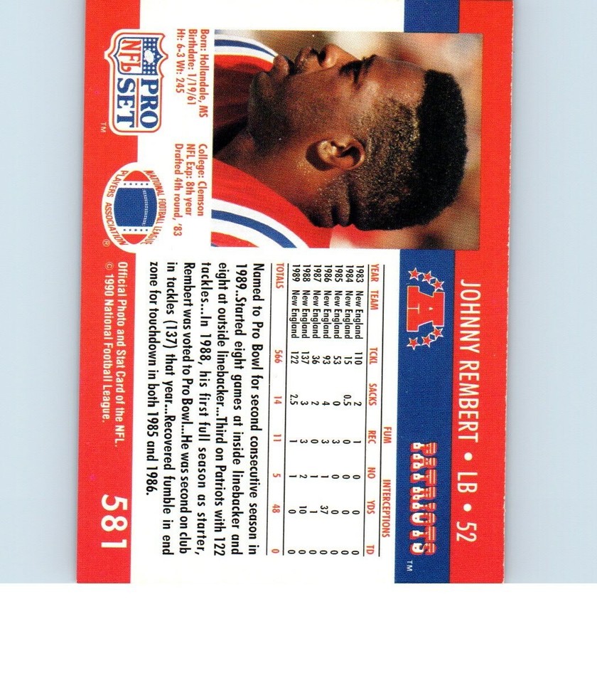 Johnny Rembert 581 Patriots 1990 Pro Set NFL Football Trading Card | eBay