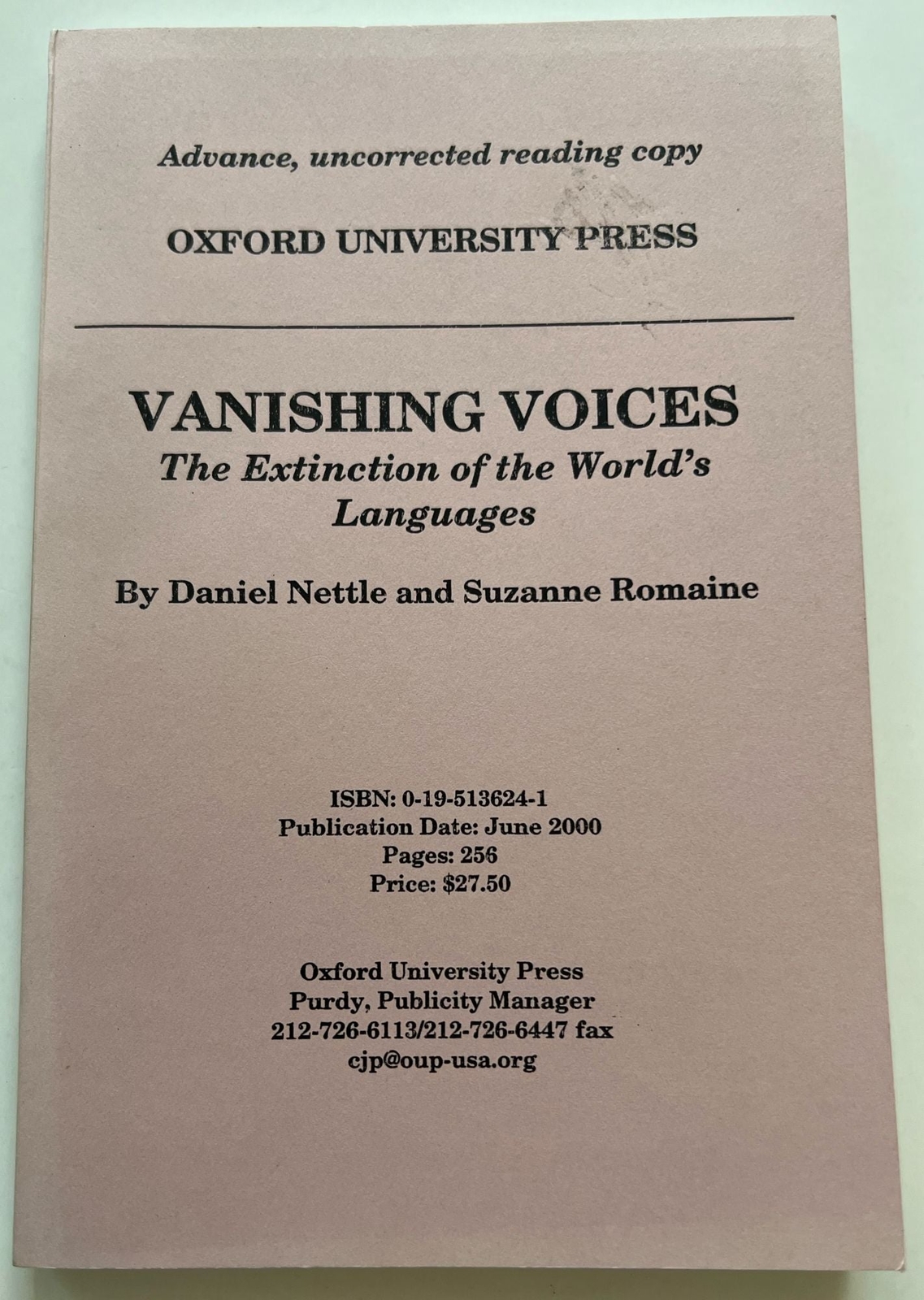 Daniel Nettle / Vanishing Voices The Extinction of the World's Languages ARC 1st | eBay
