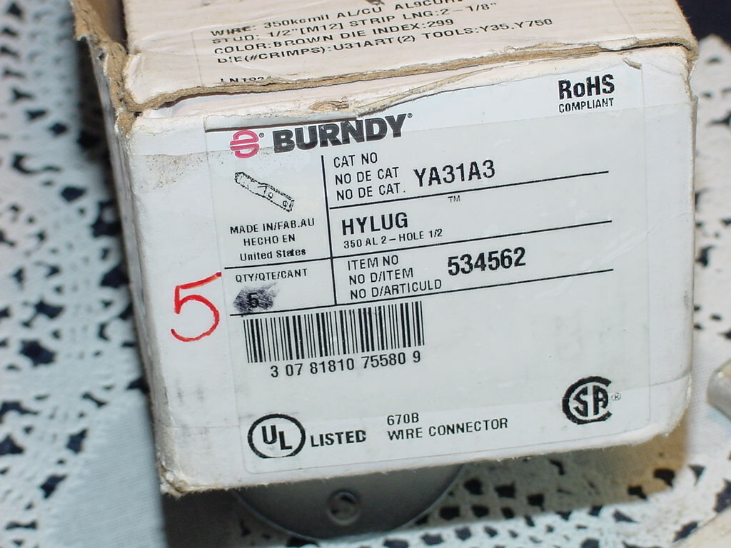 Two (2) Burndy YA31A3 Aluminum, ALCU 2H LUGs, Two Hole Lug Compress ...
