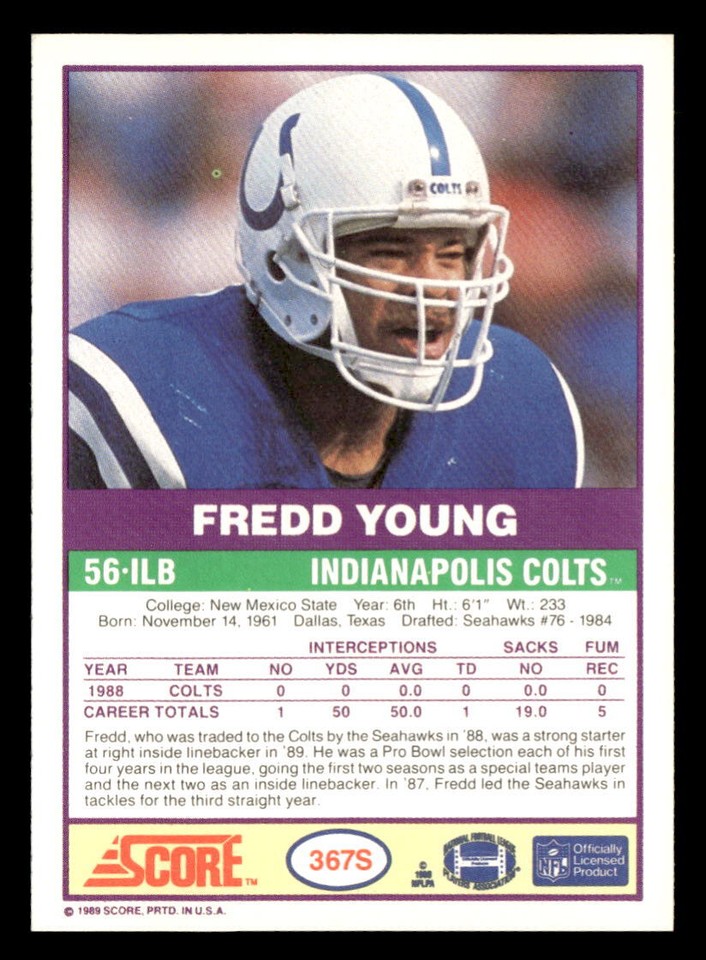 Fredd Young 1989 Score Supplemental Card #367S Indianapolis Colts | eBay