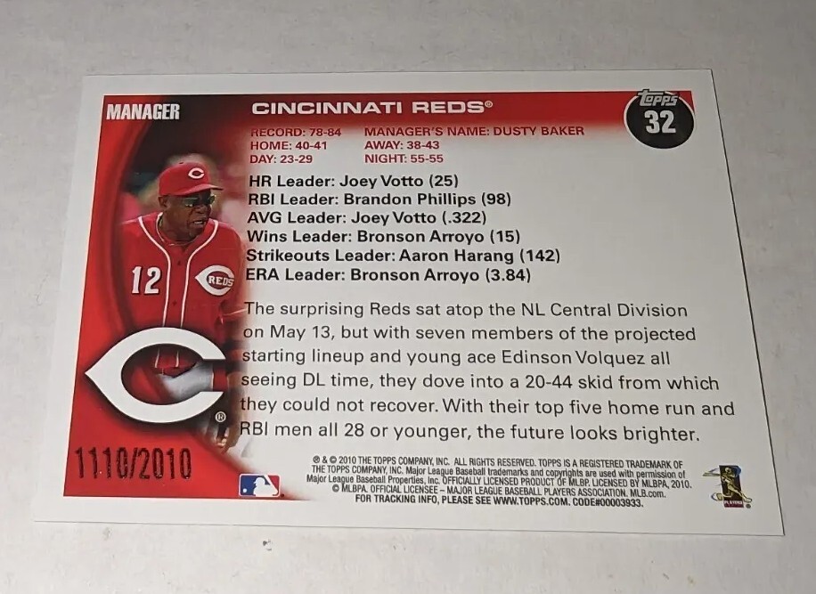 2010 Topps # 32 Cincinnati Reds Gold Border Parallel Card #D /2010 ...