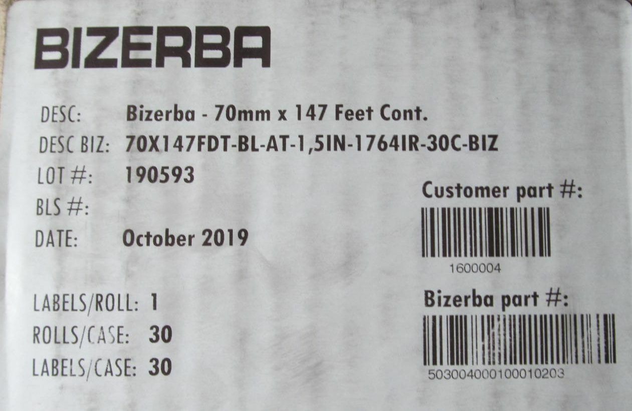 CASE 30-ROLLS GENUINE BIZERBA THERMAL LABEL PRINTER PAPER 70mm x 147ft ...