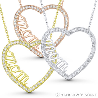 Mom Script Heart CZ Crystal Pave Love Charm Pendant 925 Sterling Silver ...
