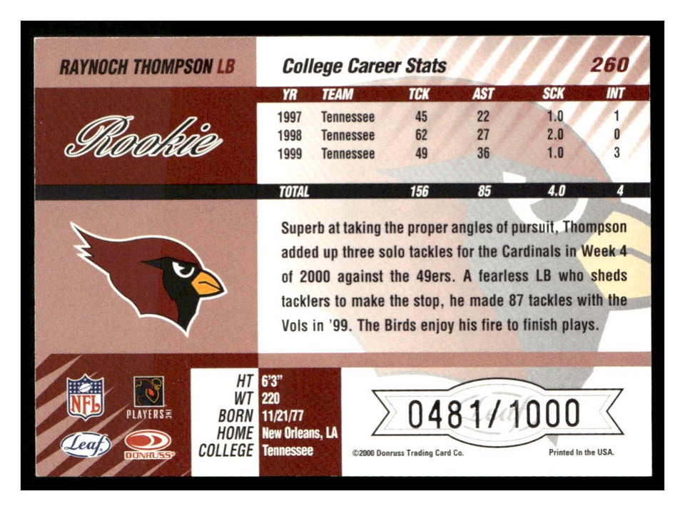 Raynoch Thompson 2000 Leaf Limited 260 RC, SN1000 Rookie | eBay