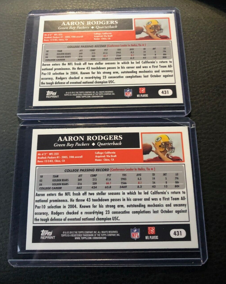 AARON RODGERS 2010 Topps Reprint 2005 Rookie Card RC Reprint 2 Card ...