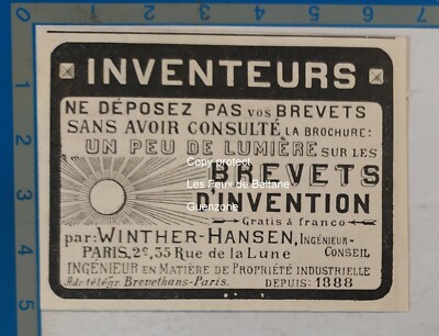LUMIERE SUR LES BREVETS D'INVENTION WINTHER HANSEN 1922 publicité ...