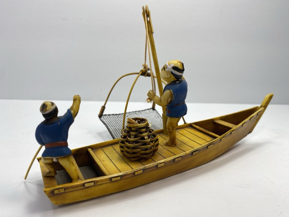 Rare Vintage Japanese Celluloid Fishermen in Boat Netted Fish Basket ...