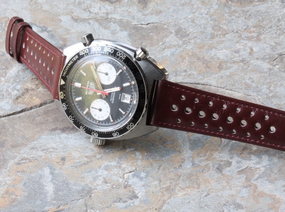 7 SOLD! Oxblood 20mm vintage chronograph 1970s NOS rally band steel ...