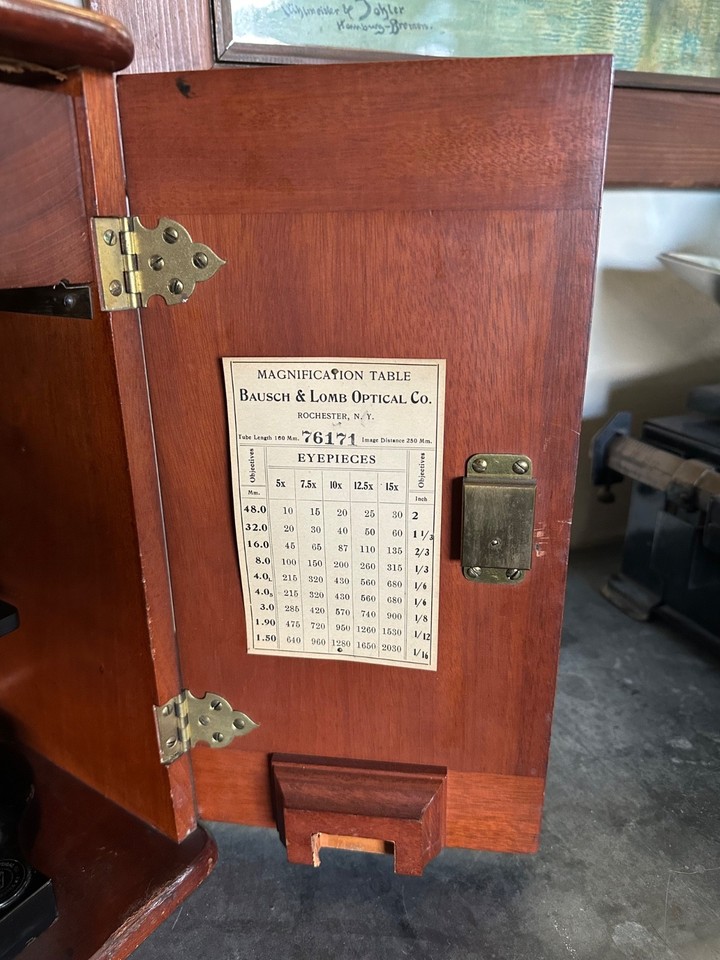 1900s Bausch & Lomb Brass Monocular Scientific Microscope & Wood Case W ...