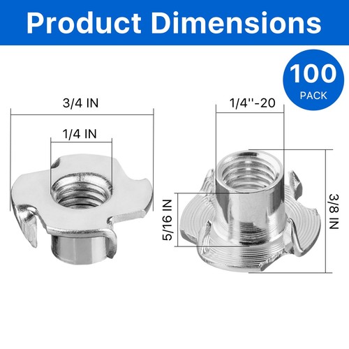 100 Pack 1/4"-20 T-nut, 304 Stainless Steel Threaded Insert, 4-Pronged Tee Nu... | eBay