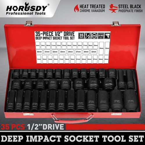 HORUSDY 35Pc 1/2" Dr. Impact Socket Set Short Deep Sockets Metric 8 ...