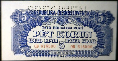 1944 SPECIMEN $5 Czechoslovakia 5 Korun CH / GEM CU CRISP Currency Bank ...
