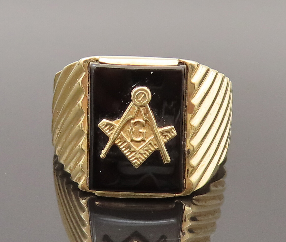 14K GOLD - Vintage Black Stone Freemason Masonic Symb… - Gem