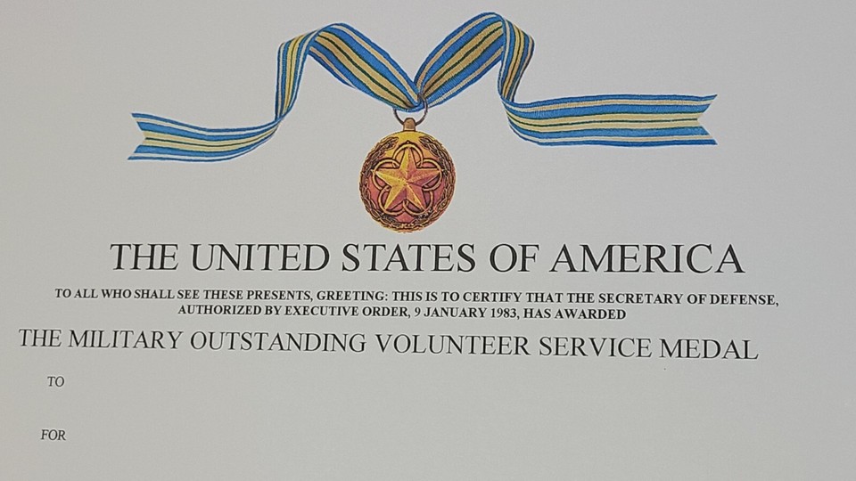 Military Outstanding Volunteer Service Medal Certificate & Ribbon MOVSM ...
