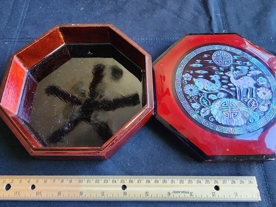 Vintage Inlaid Mother of Pearl & Abalone Jewelry Trinket Stash Wood Box ...