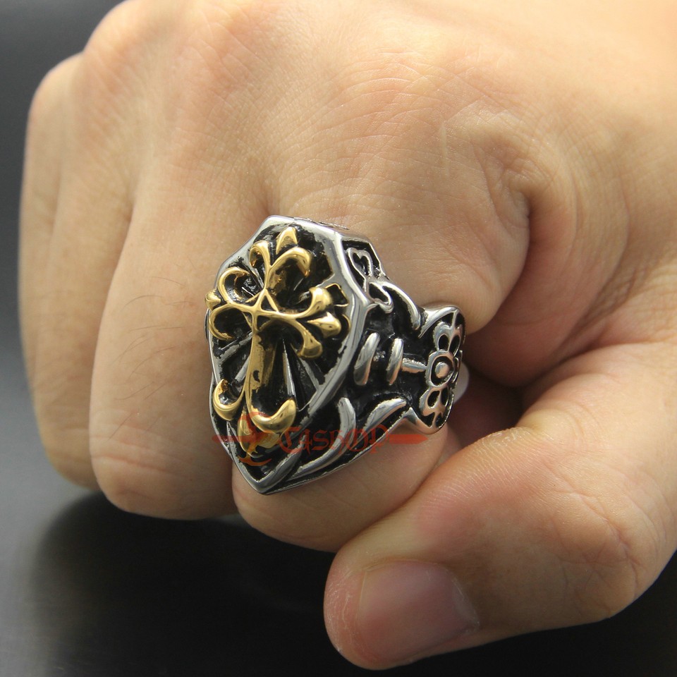 Retro Classic Men's Gold Cross Knight Silver Shield 316L Stainless ...