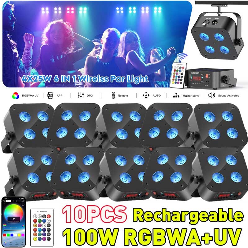 LED 4x25W RGBWA+UV Battery Powered WIRELESS DMX Par Can DJ Uplighting ...