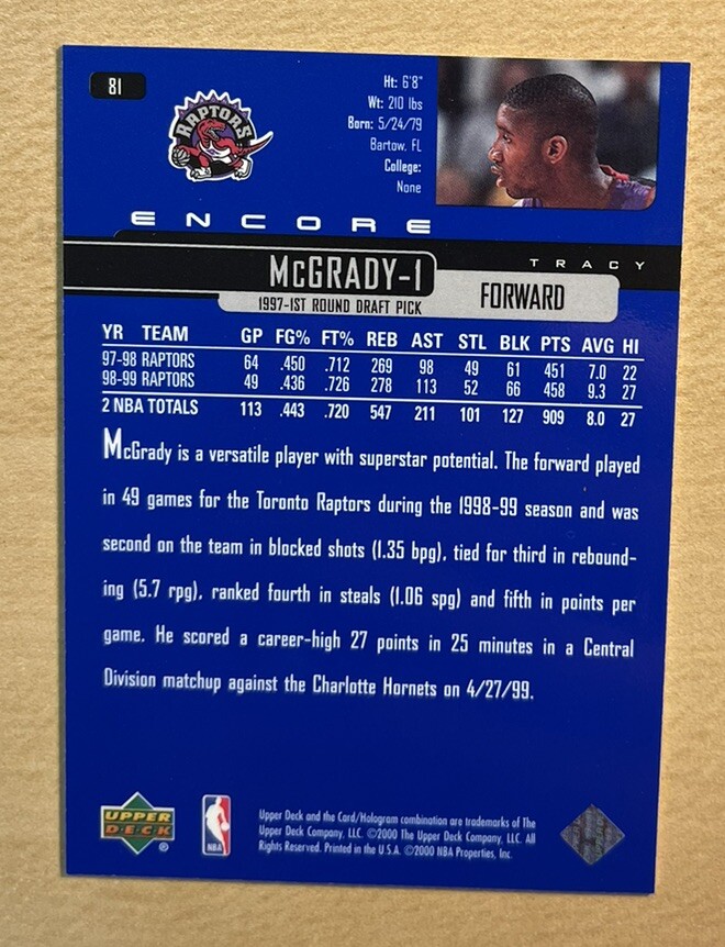 Tracy McGrady 1999-00 Upper Deck Encore Card #81, MINT | eBay