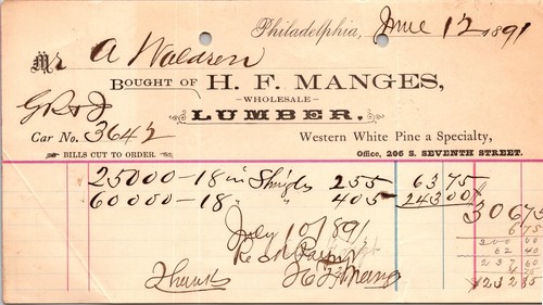 Manges Lumber Philadelphia PA 1891 Billhead Lumber Western White Pine ...