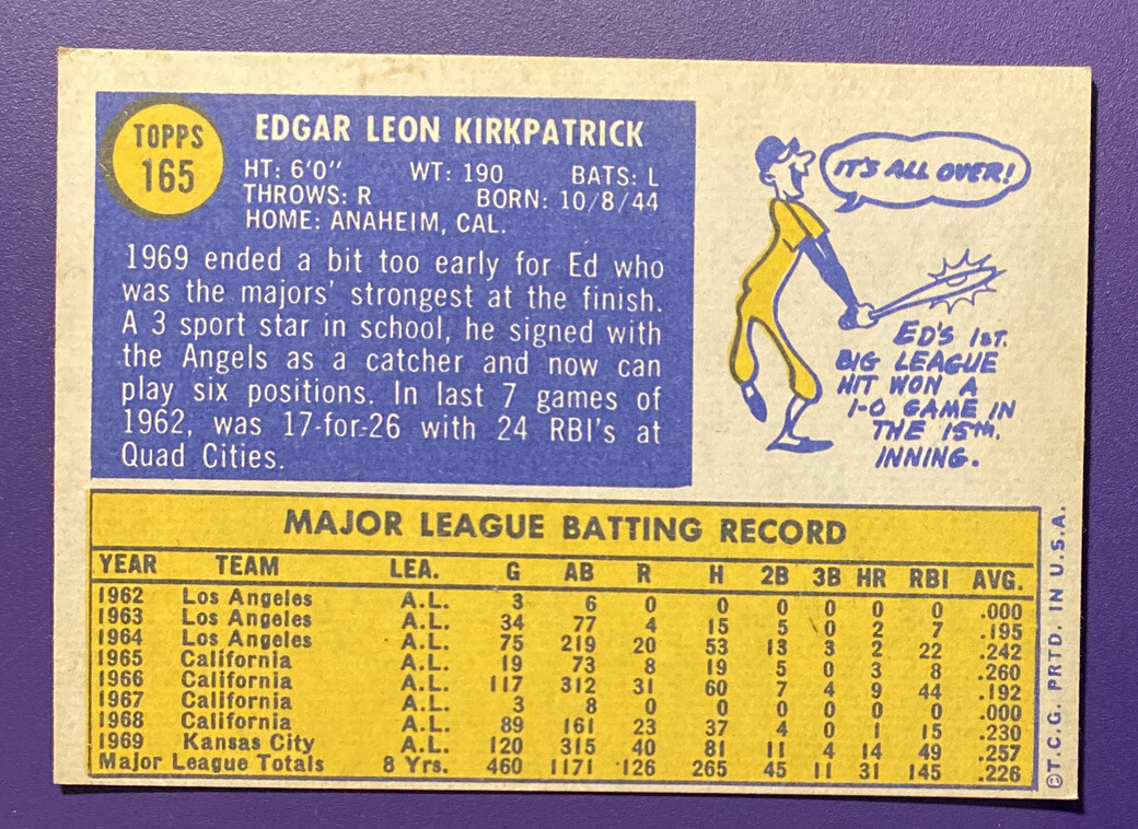 Ed Kirkpatrick - Royals 1970 #165 Topps Baseball Card - Near Mint | eBay UK