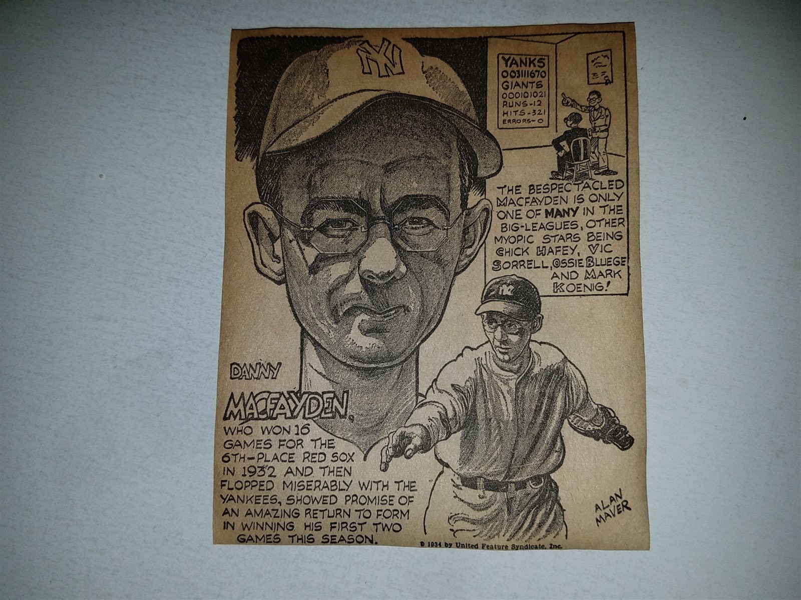 Danny MacFayden Mark Koenig Vic Sorrell 1934 Cartoon Sketch By Alan ...