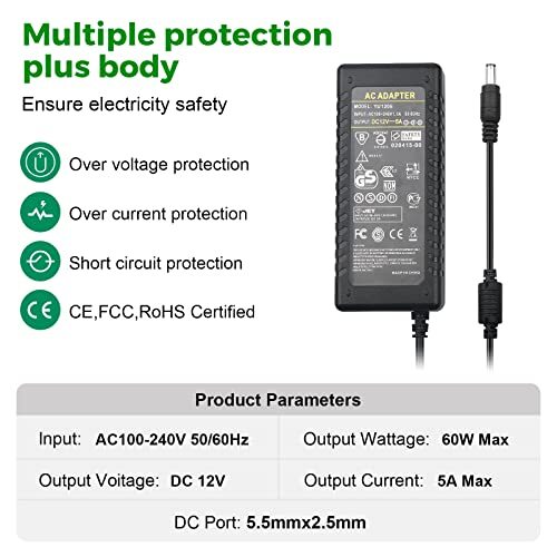 LeTaoXing 12V 5A Power Supply AC 100-240V to DC 12V5A 60W Switching ...