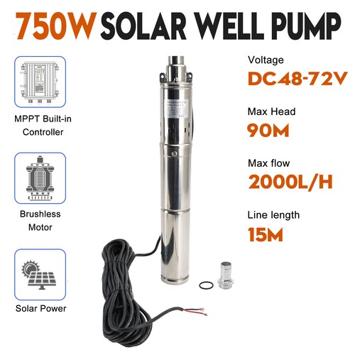 3" 48V 750W MPPT Screw Solar Bore Pump Submersible Deep Well Hole Steel ...