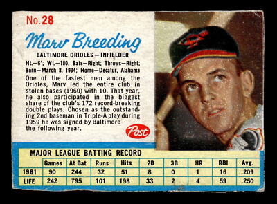 Marv Breeding 1962 Post Cereal #28 Baltimore Orioles Pr-Gd | eBay