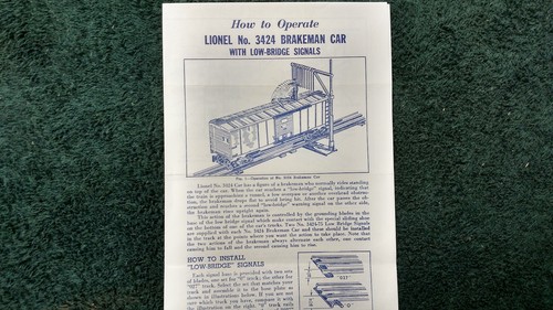 LIONEL # 3424 BRAKEMAN CAR with LOW-BRIDGE SIGNALS INSTRUCTIONS ...