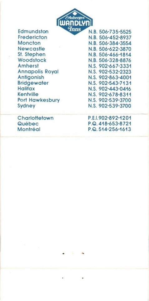 Fredericton Moncton Newcastle Auberge Wandlyn Inns Vintage Matchbook ...