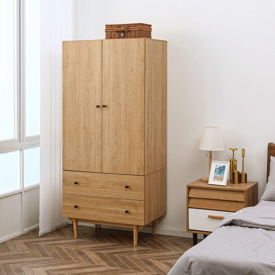 Tall Wooden 2 Door Wardrobe With 2 Drawers Bedroom Storage Hanging Bar ...
