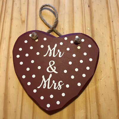Wooden Hanging Mr & Mrs Cute Red Wood Heart Hearts Shape Sign Shabby ...