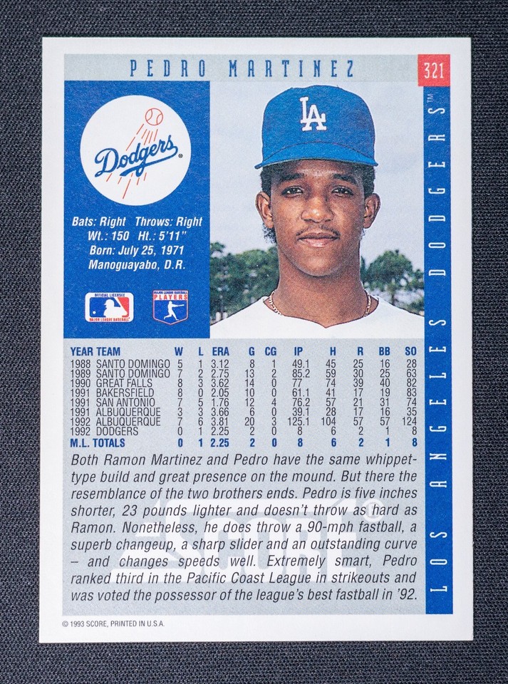 1993 Score Pedro Martinez Rookie RC #321 - Los Angeles Dodgers | eBay