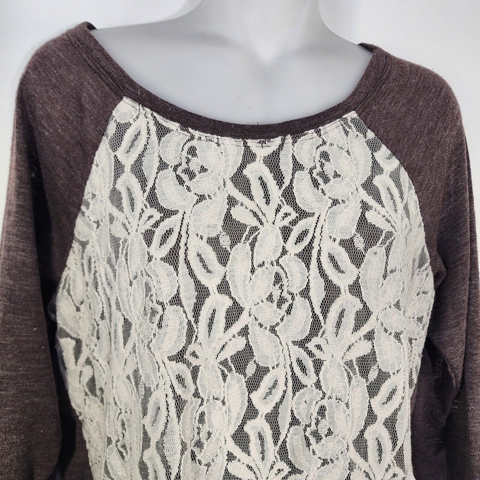 NY Collection Womens Top Large Brown Lace Overlay 3/4 Sleeve Round Neck ...