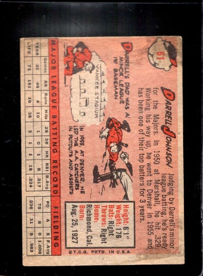 1958 TOPPS #61 DARRELL JOHNSON EX YANKEES UER *NY8589 | eBay