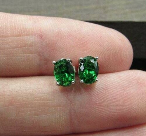 6x8 Oval Simulated Emerald Green Women's Stud Earring White Gold Plated ...
