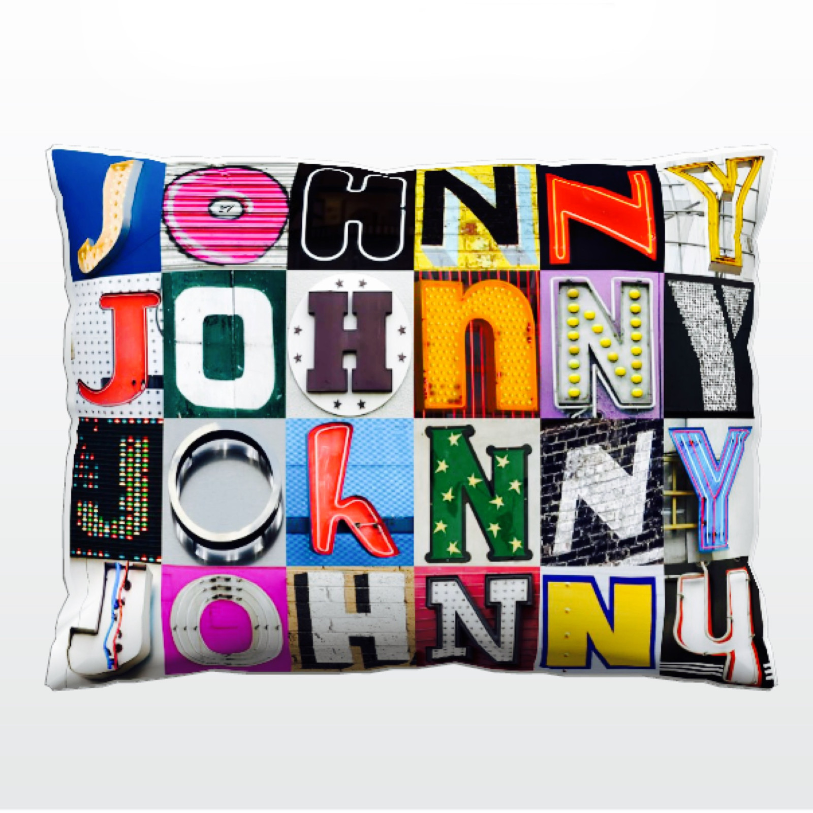 Personalized Pillow featuring the name JOHNNY in photos of sign letters ...