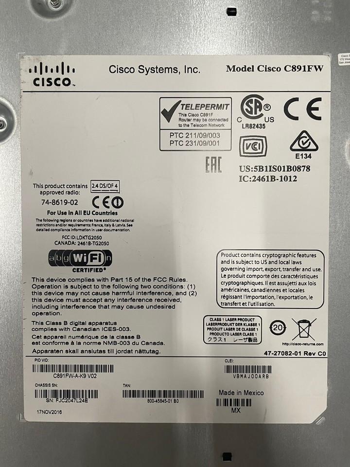 Cisco C891FW-A-K9 V01 Gigabit Ethernet Security Router NO AC | eBay