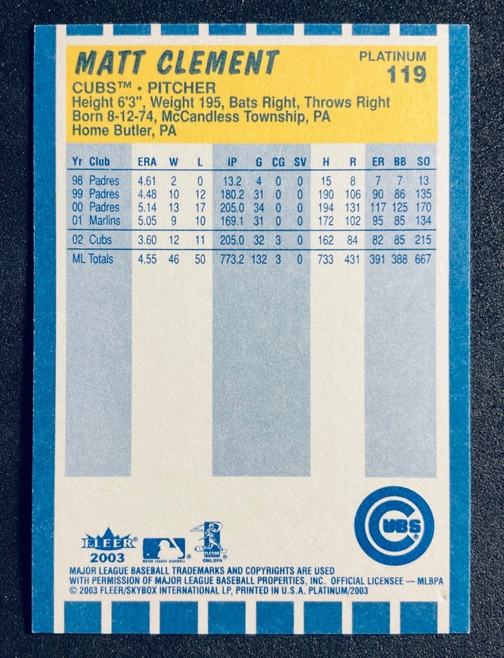 Chicago Cubs MATT CLEMENT 2003 FLEER PLATINUM signed autographed auto ...