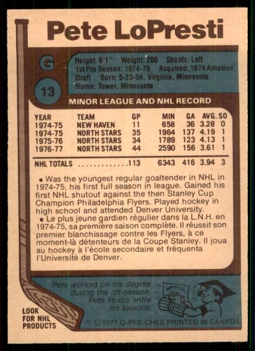 1977-78 O-Pee-Chee Pete LoPresti Minnesota North Stars #13 | eBay