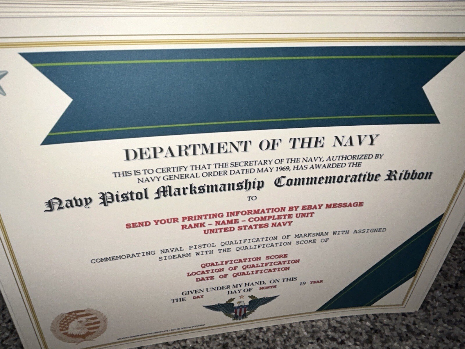 U.S. NAVY - PISTOL MARKSMAN RIBBON COMMEMORATIVE CERTIFICATE ~ W ...
