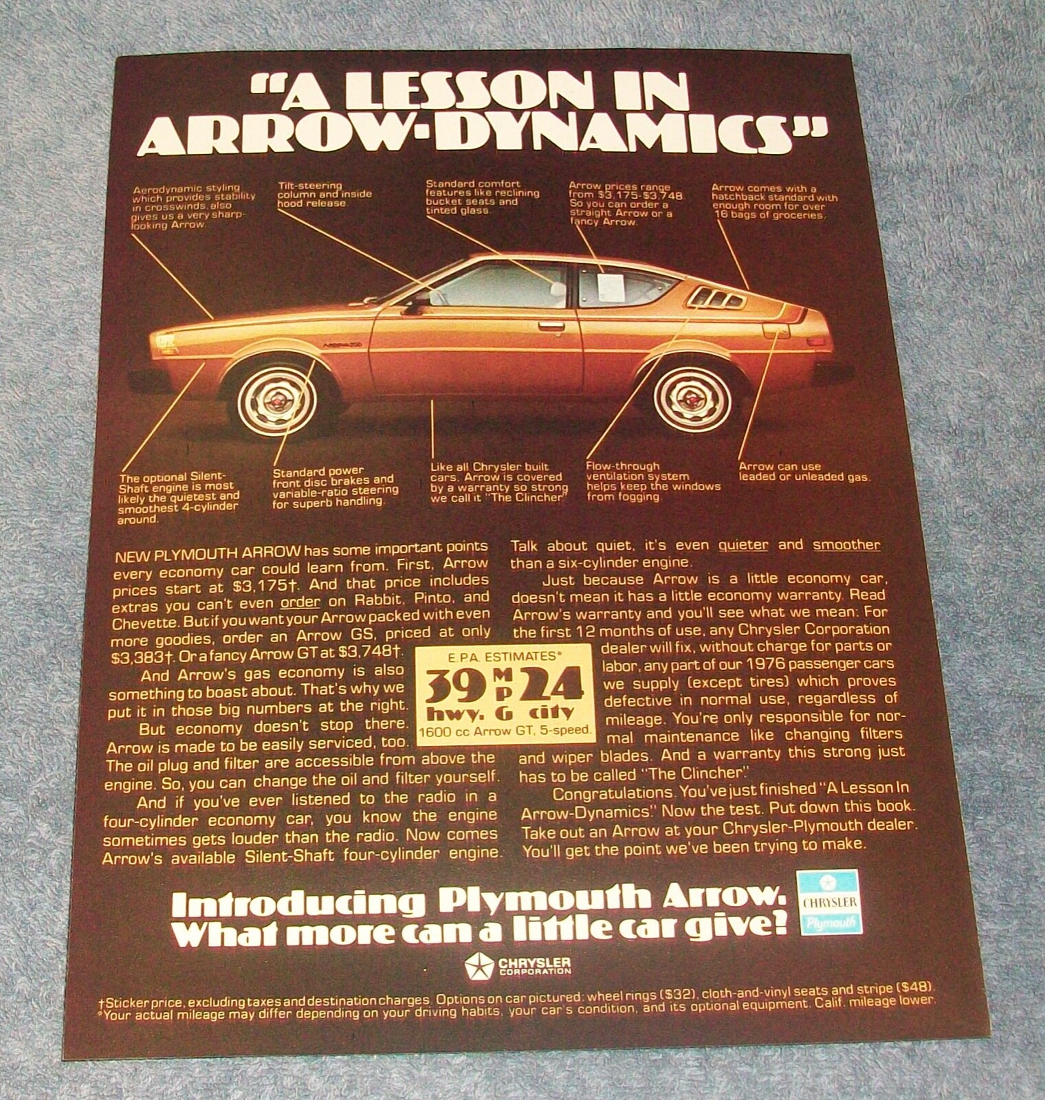 1976 Plymouth Arrow Vintage Ad "A Lesson in Arrow-Dynamics" | eBay