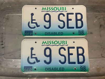 PAIR OF MISSOURI LICENSE PLATES HANDICAPPED 9 SEB SEPTEMBER 1998 ...