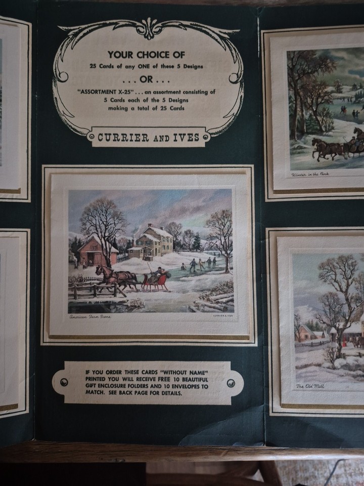 1952 WALLACE BROWN CURRIER AND IVES CHRISTMAS CARD DISPLAY WITH SAMPLE ...