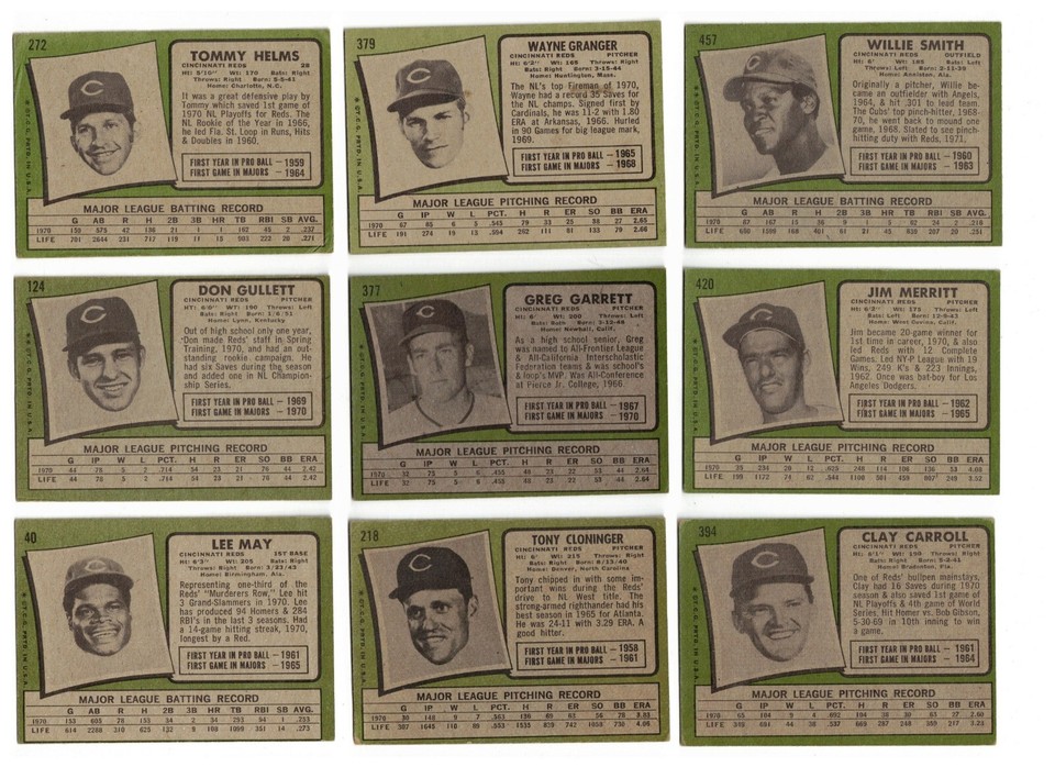1971 Topps Baseball CINCINNATI REDS 9 cards lot Gullett May Smith ...