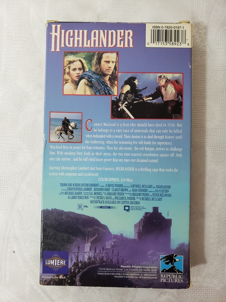 Highlander (VHs 1996) Christopher Lambert Sean Connery Cult Classic ...