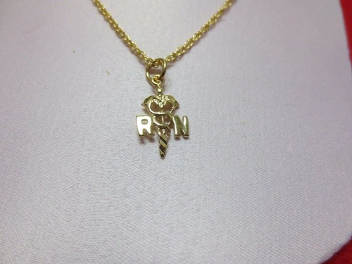 14 KT GOLD PLATED RN NURSE CADUCEUS MEDICAL CHARM & 16 " ROPE CHAIN SET ...