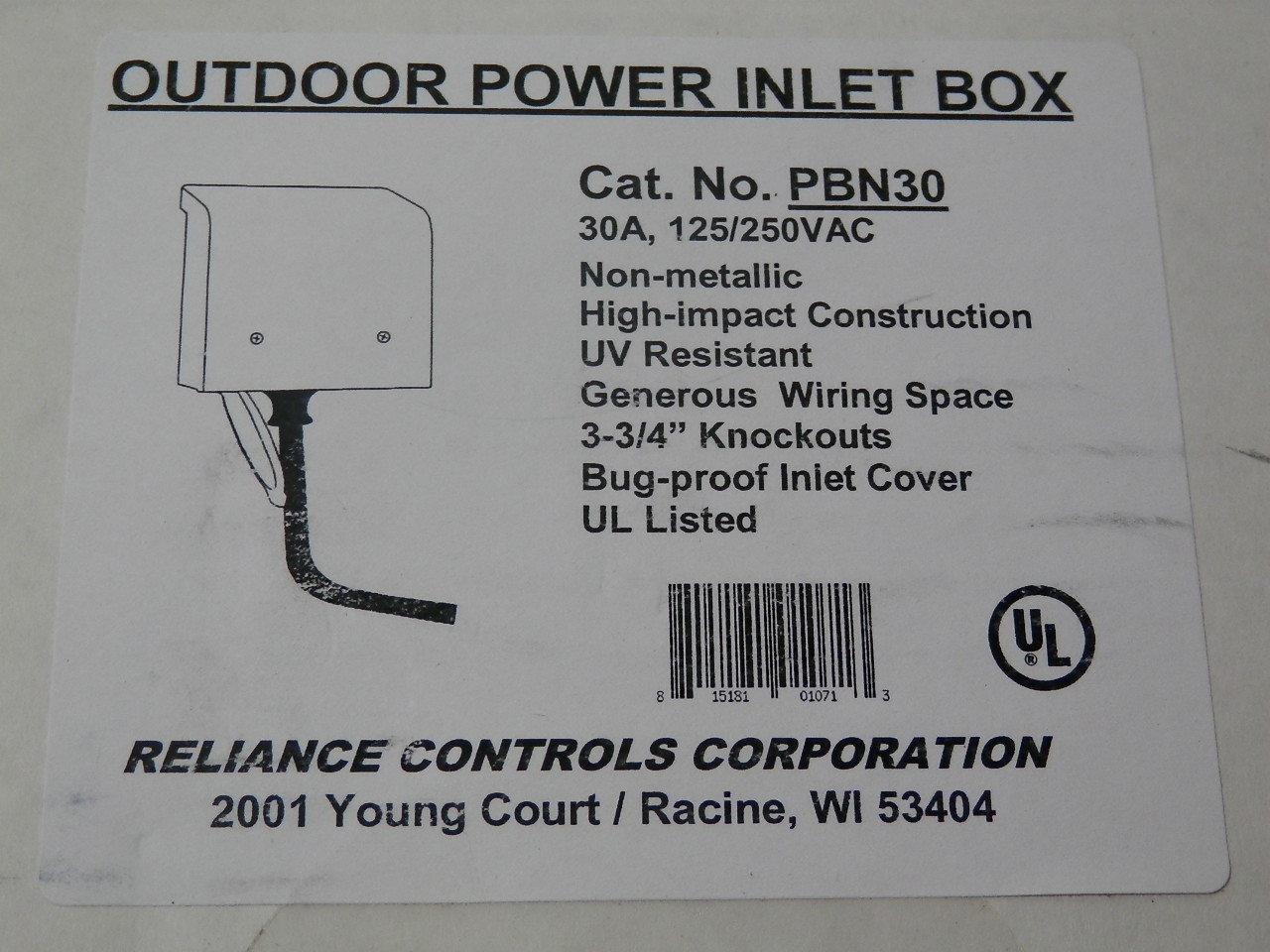 (1) NEW Reliance PBN30 30 Amp Outdoor Power Inlet Box Plastic L14-30P ...