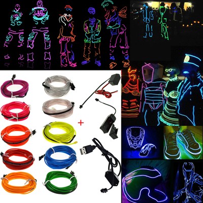 LED Glow Light El Wire String Strip Rope Car Dance Party + 3V 12V USB ...